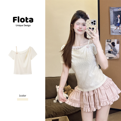 【flota】纯欲风蕾丝拼接斜肩短袖夏季新款修身显瘦短款上衣2384