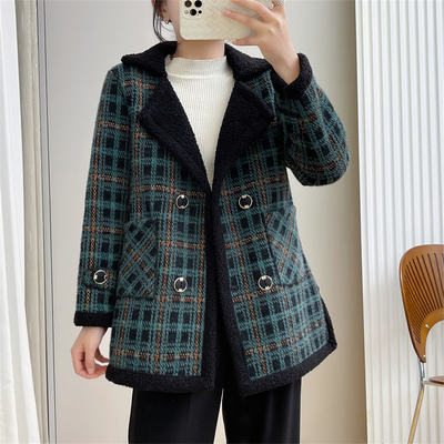 惠衣阁秋女仿水diao毛大衣中长款外套复古西装领格子外套毛毛外套