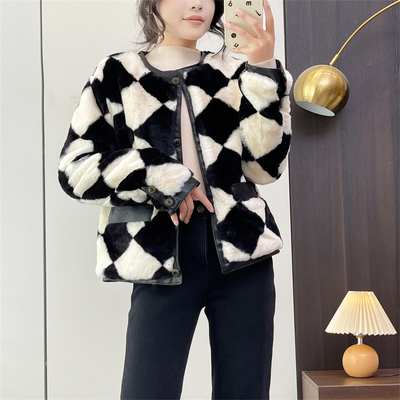 惠衣阁冬女圆领毛毛外套短款夹棉外套休闲甜美棋盘格毛毛上衣棉衣