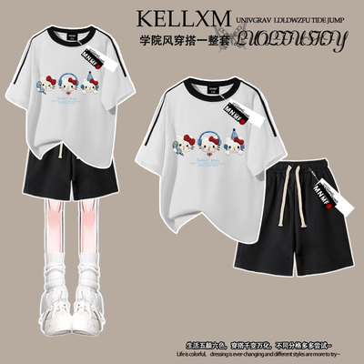 2026夏季洋气猫咪仿刺绣女童纯棉短袖短裤套装中大童五分裤两件套
