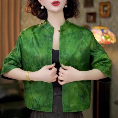 设计感新中式外套双面穿妈妈缎面时尚国风上衣唐装女短款外搭开衫