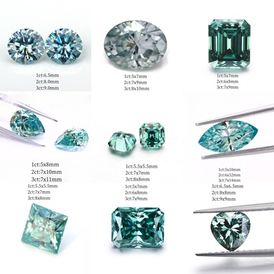 莫桑钻蓝绿色1克拉~3克拉裸石尖底带腰码过测钻笔有证书 镶嵌主石