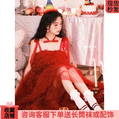 喜庆礼服暗红蛋糕裙圣诞新年裙仙