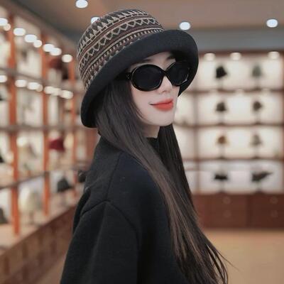 2025新款秋冬季毛呢织渔夫帽子女高级感遮脸水桶帽保暖护耳盆帽