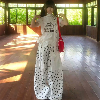 美式复古波点蝴蝶结阔腿裤女夏季薄款设计感宽松高腰直筒休闲女裤
