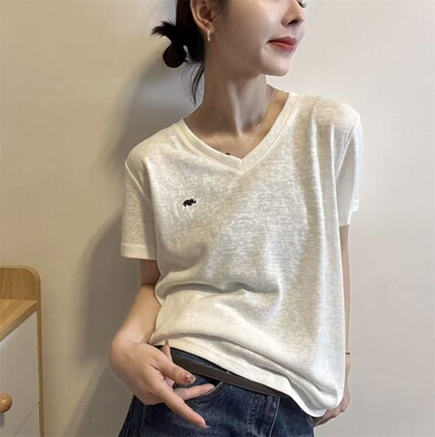 卡通刺绣V领短袖T恤女2026夏季新款宽松百搭显瘦打底衫上衣31967