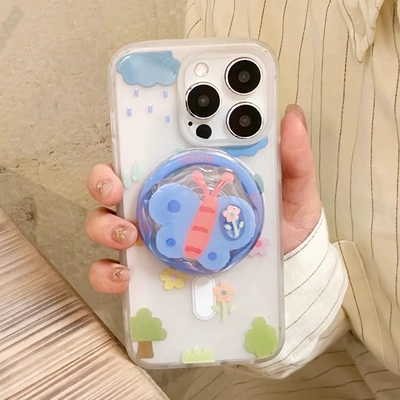 涂鸦花朵蝴蝶磁吸支架适用oppo Findx8ultra/Reno13PRO/12手机壳A5/10/9pro+清新87硅胶x7/X6透白K12/A3/A58X
