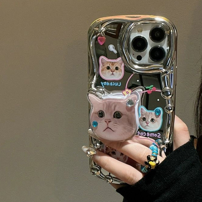 可爱猫咪电镀银色带支架贴纸