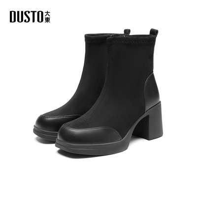 大东S时装靴2025年冬季女鞋新款粗跟高跟圆头侧拉链材质拼贴1009E