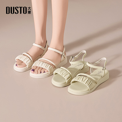 大东沙滩凉鞋女鞋2025夏季新款休闲坡跟低跟一字扣拉皱X0708