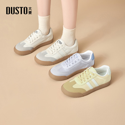 大东德训鞋女鞋2026春季新款休闲平底低跟系带圆头材质拼贴Q7739