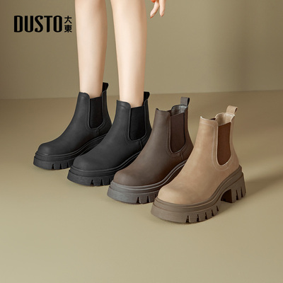大东切尔西靴女鞋2025年冬季新款粗跟高跟套筒圆头材质拼贴D1610