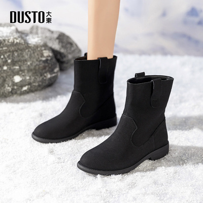 大东粗跟短靴女加绒保暖时装靴