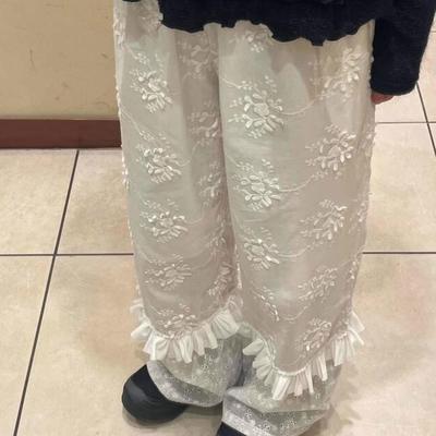 丝花边拼接设计松紧腰直筒休闲裤