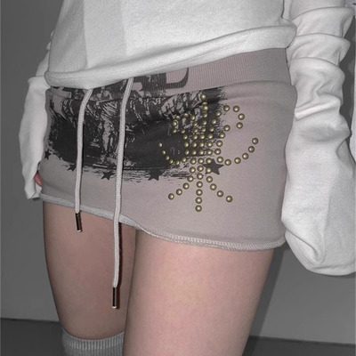 复古印花美式抽绳短裙半身裙裙裤