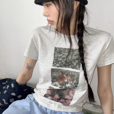 花卉风景印花圆领短款显瘦短袖T