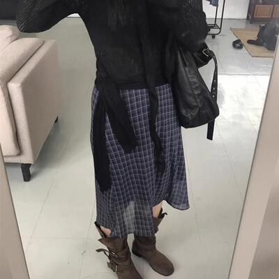 复古格纹中长款松紧腰半身裙