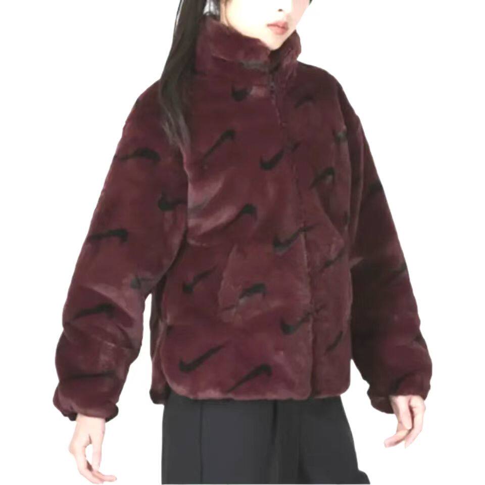 Nike耐克 女款酒红色人造皮草貂绒保暖立领夹克外套DQ6843-652