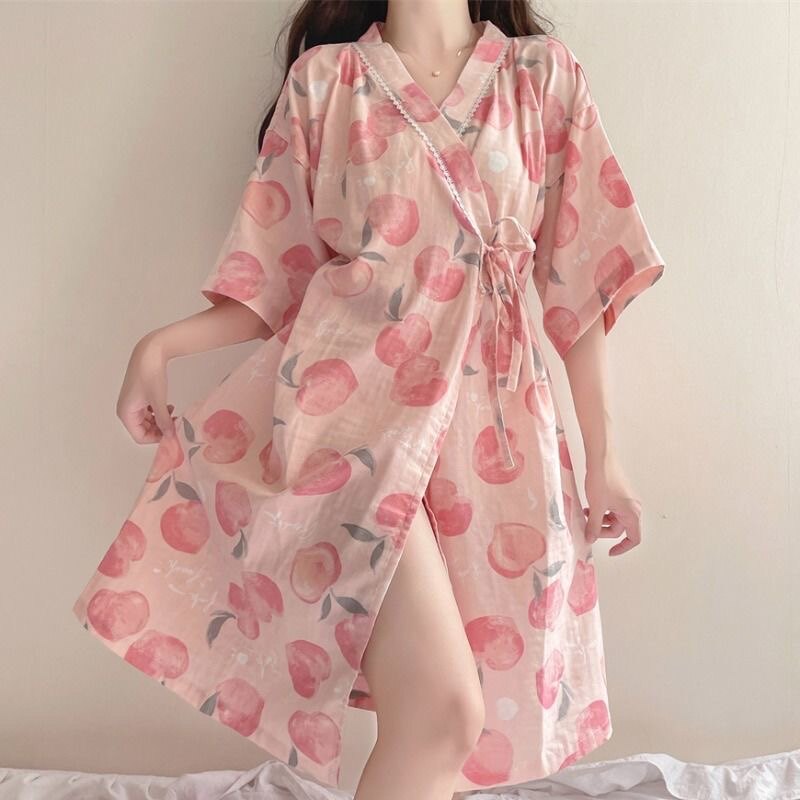 V领日系和服绑带睡袍裙浴袍2024夏天家居服夏款元气甜美舒适印花