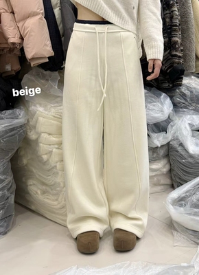 韩国东大门正品百搭松紧腰宽松加绒加厚拼色休闲裤女长裤弯刀直筒