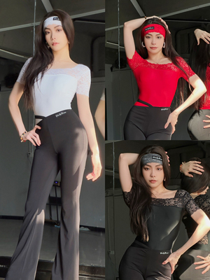 Wendy拉丁舞服蕾丝短袖上衣红白色黑色喇叭裤教课练舞表演套装女