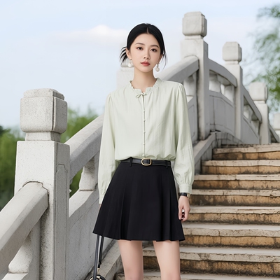 荷叶领长袖宽松天丝上衣衬衫女