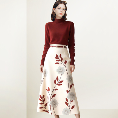 轻熟风针织衫花卉半身裙套装