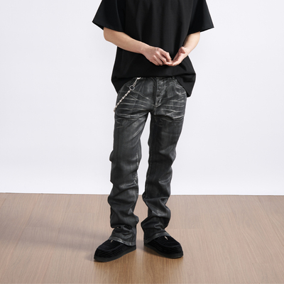 PMW 重工涂层牛仔裤金属光泽质感做旧纹理猫须刷痕立体剪裁垂坠裤