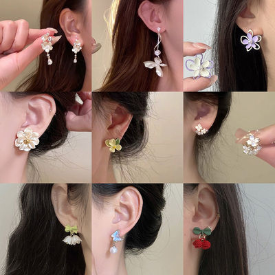 高级感花朵珍珠流苏耳钉女款