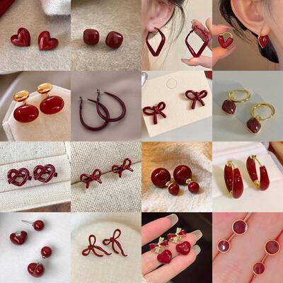 红色复古几何耳钉女爱心方块法式轻奢小众设计高级感耳环耳饰女