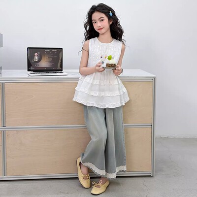 女童夏季套装甜美花边无袖上衣