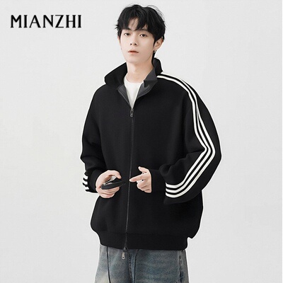 棉制春秋新款三条杠开衫卫衣男潮牌宽松休闲立领跑步上衣外套MYJ