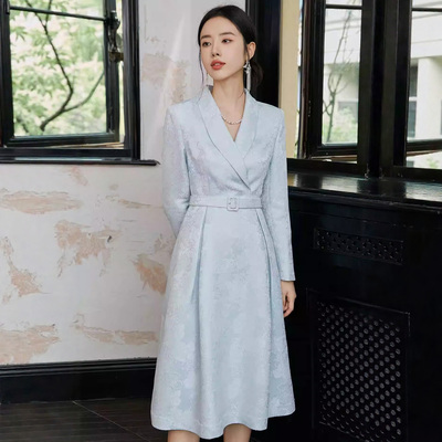 宴会礼服蓝色新中式女职业连衣裙