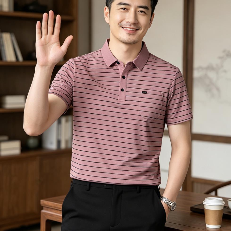 父亲节礼物送爸爸衣服男T恤条纹中年口袋夏季短袖翻领冰丝polo衫