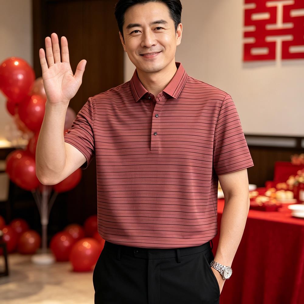 轻奢翻领短袖条纹POLO衫男冰丝凉感休闲中年喜爸爸婚宴装薄款T恤