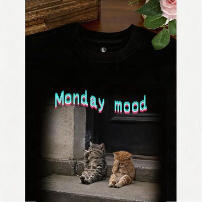 Monday mood猫meme夏季纯棉短袖t恤男女穿搭文字潮牌圆领上衣服