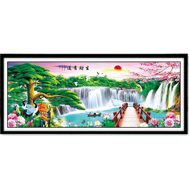 绣好的十字绣流水生财生财有道刺绣满绣J迎客松机绣十字绣成品大