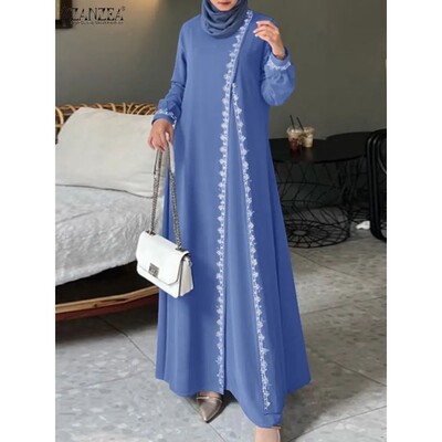 ZANZEA Autumn Women Long Sleeve O Neck Muslim Maxi Dress Kaf