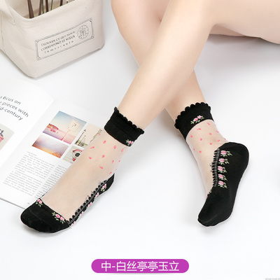 防滑中筒女士花卉甜美风冰丝袜