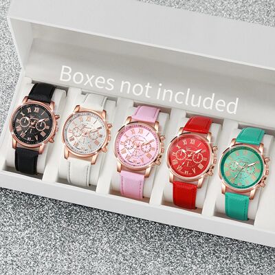 5PCS Women's Watches Fashion Roma Dial Leather Band Quartz W