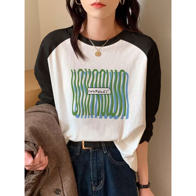 撞色插肩长袖t恤女2026新款春秋季潮牌女装洋气时髦打底衫上衣服