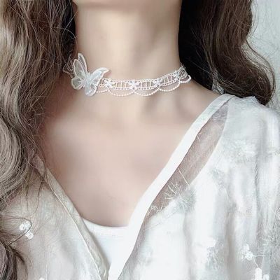 纯欲风少女心白色蕾丝蝴蝶项链颈带颈链锁骨链choker夏天短款