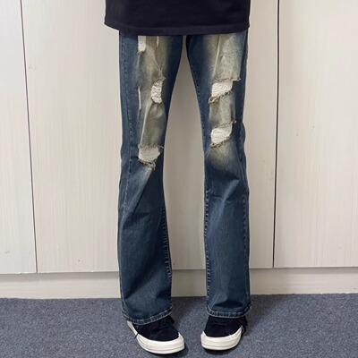 美式小众高街日常休闲磨破洞修身牛仔裤男女cleanfit风微喇长裤子