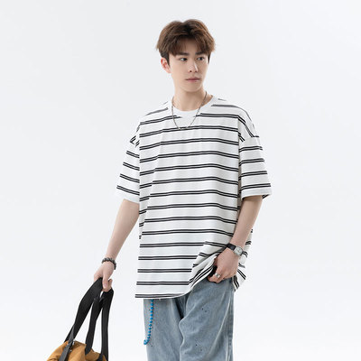 智快鱼男装官方旗舰店阿仕顿5cm单农t恤日系潮牌条纹短袖夏季青少