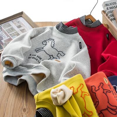 秋冬季男童一体绒半高领卡通卫衣