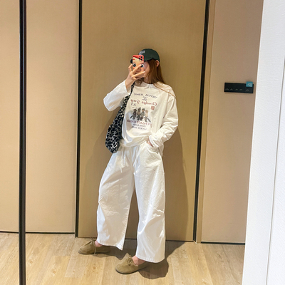 KOGIRL~100棉白色舒适韩系工装松紧抽绳直筒口袋褶皱休闲直筒裤女