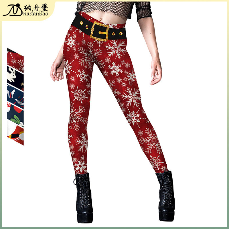 2026新款亚马逊圣诞节服饰雪花3D数码印花打底裤女小脚紧身瑜伽裤