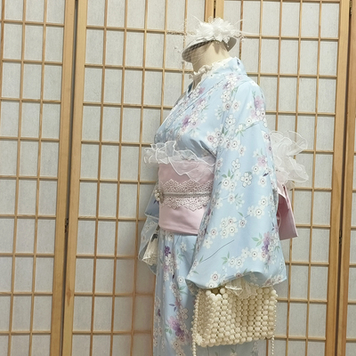 少女日式浴衣淡蓝色花朵印花图案yukata传统和服小纹古典和洋风格
