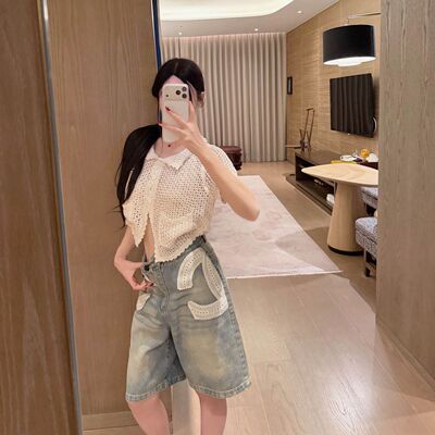 Bonheur 韩系复古牛仔短裤女夏蕾丝钩花刺绣宽松显瘦休闲五分裤