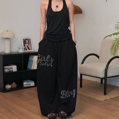 Bonheur 韩系复古黑色卫裤女夏薄款慵懒烫钻阔腿垂感爵士跳舞裤